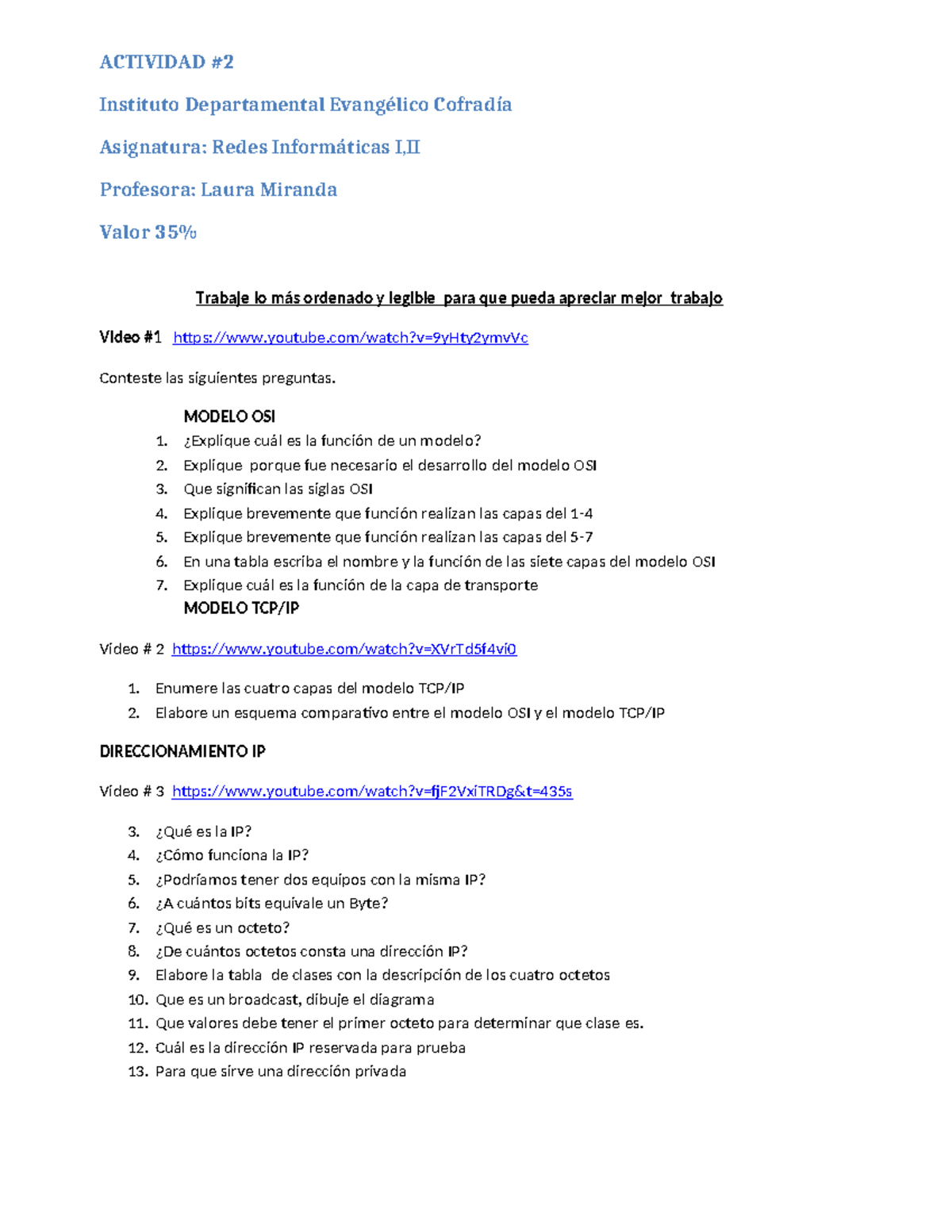 Actividad #4: Redes Informáticas I, II - Modelo OSI y Direccionamiento ...