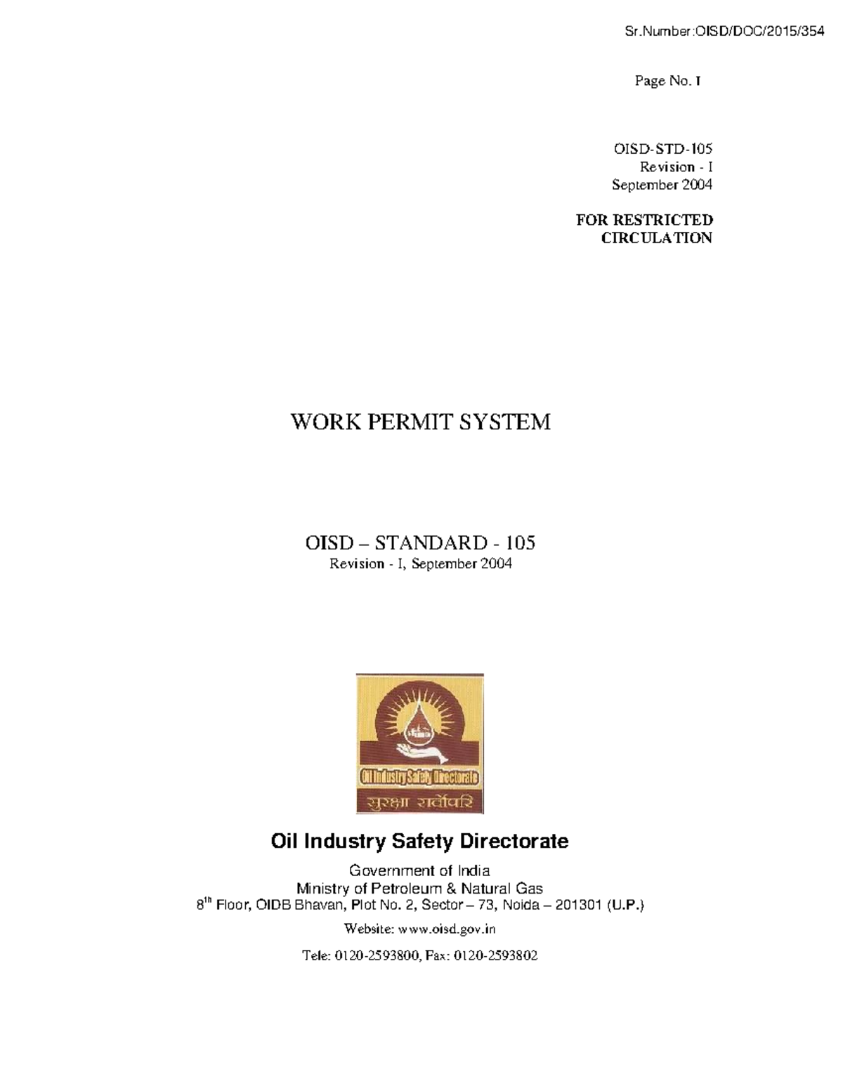 OISD-STD-105 Work Permit System Guidelines - Revision I - Studocu