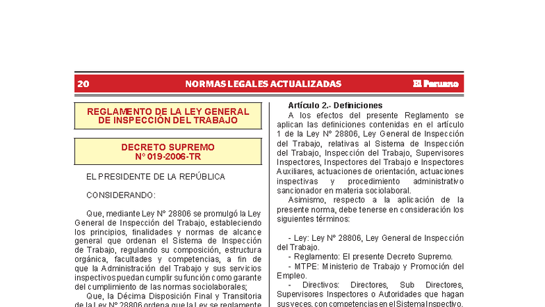 Reglamento de la Ley General de Inspección del Trabajo - DS N° 019-2006-TR - Studocu