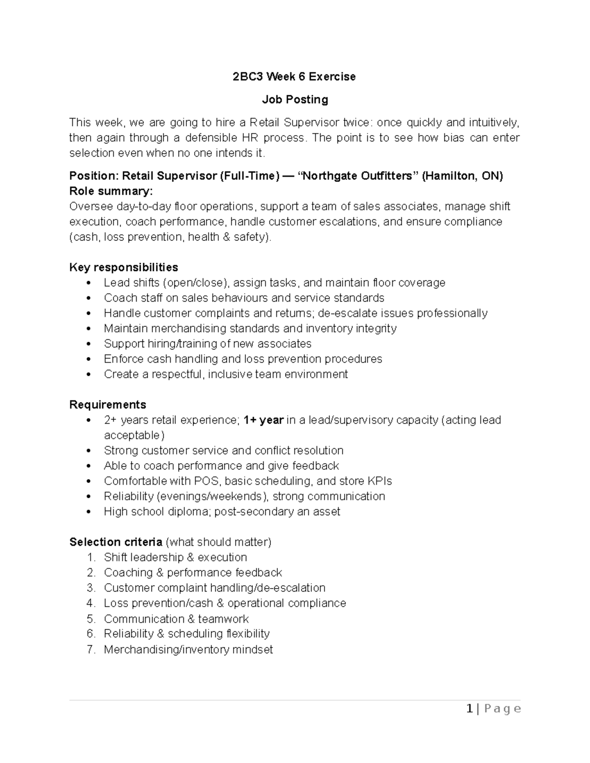 2BC3 Week 6 Exercise: Retail Supervisor Job Posting & Candidate ...