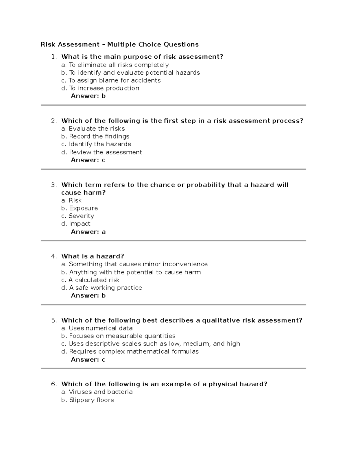 Risk Assessment - MCQs for PRACTICAL Exam - Studocu