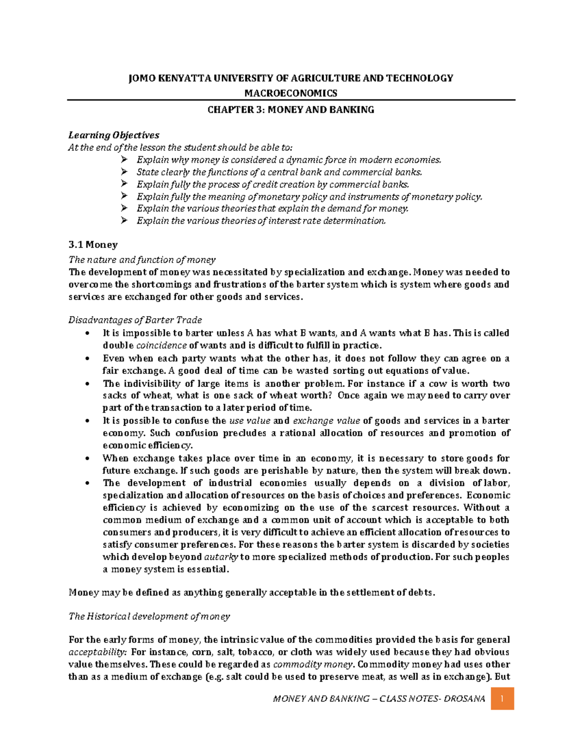 MACROECONOMICS DROSANA: CHAPTER 3 - MONEY AND BANKING NOTES - Studocu
