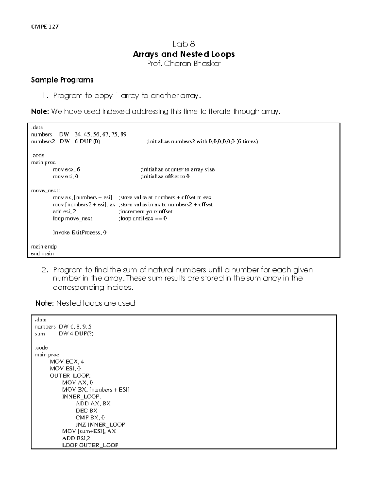 CMPE 127 Lab 8: Arrays and Nested Loops Programming Tasks - CMPE 127 ...