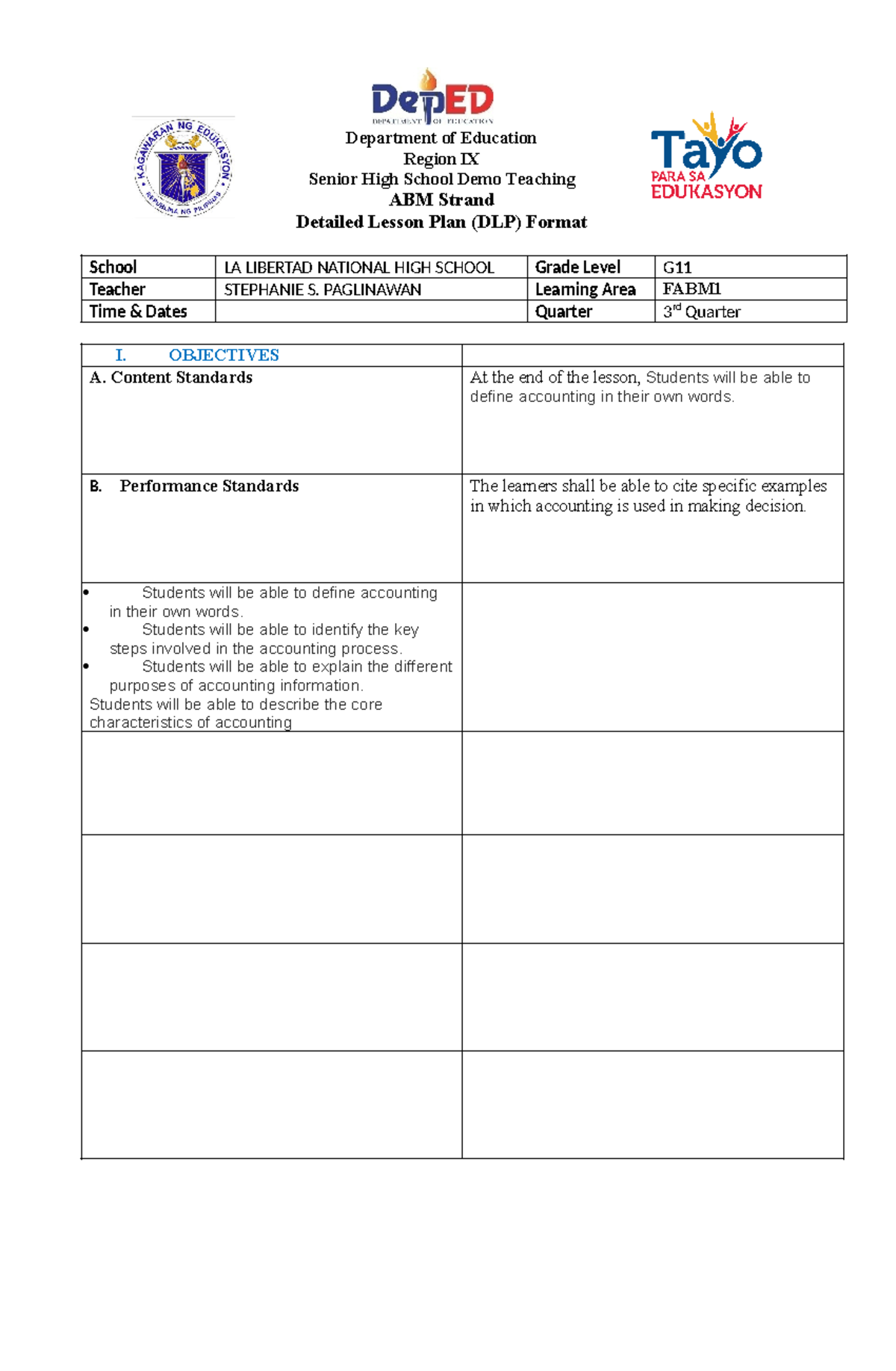 ABM Demo Teaching Final Lesson Plan - Quarter 3 - DLP Format - Studocu