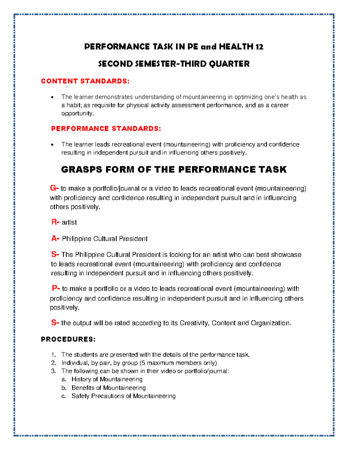 Q3- Performance TASK IN PE and Health 12 - PERFORMANCE TASK IN PE and ...