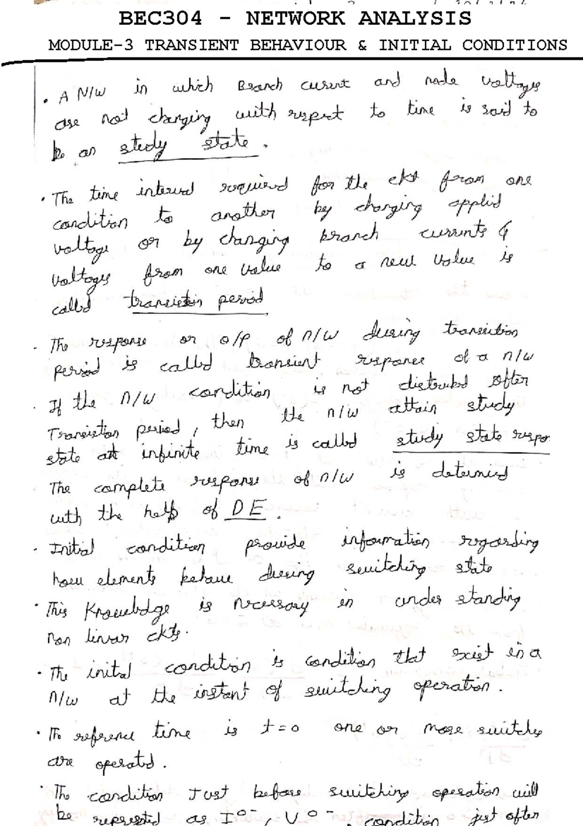 BEC304 NETWORK ANALYSIS Module-3 Notes on Transient Behaviour - Studocu