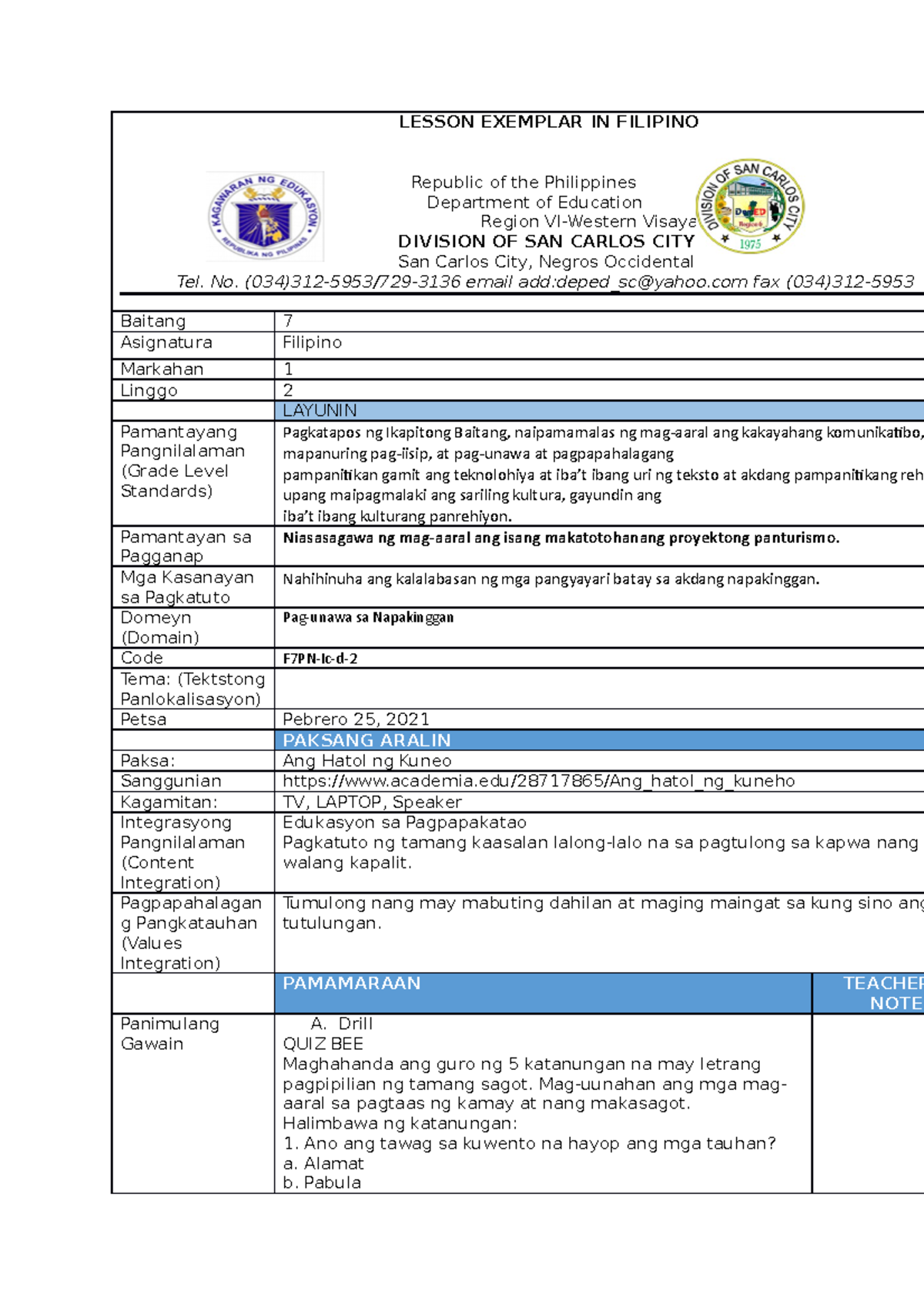 Filipino 7 Lesson Plan: "Ang Hatol ng Kuneho" for Grade 7 - Studocu