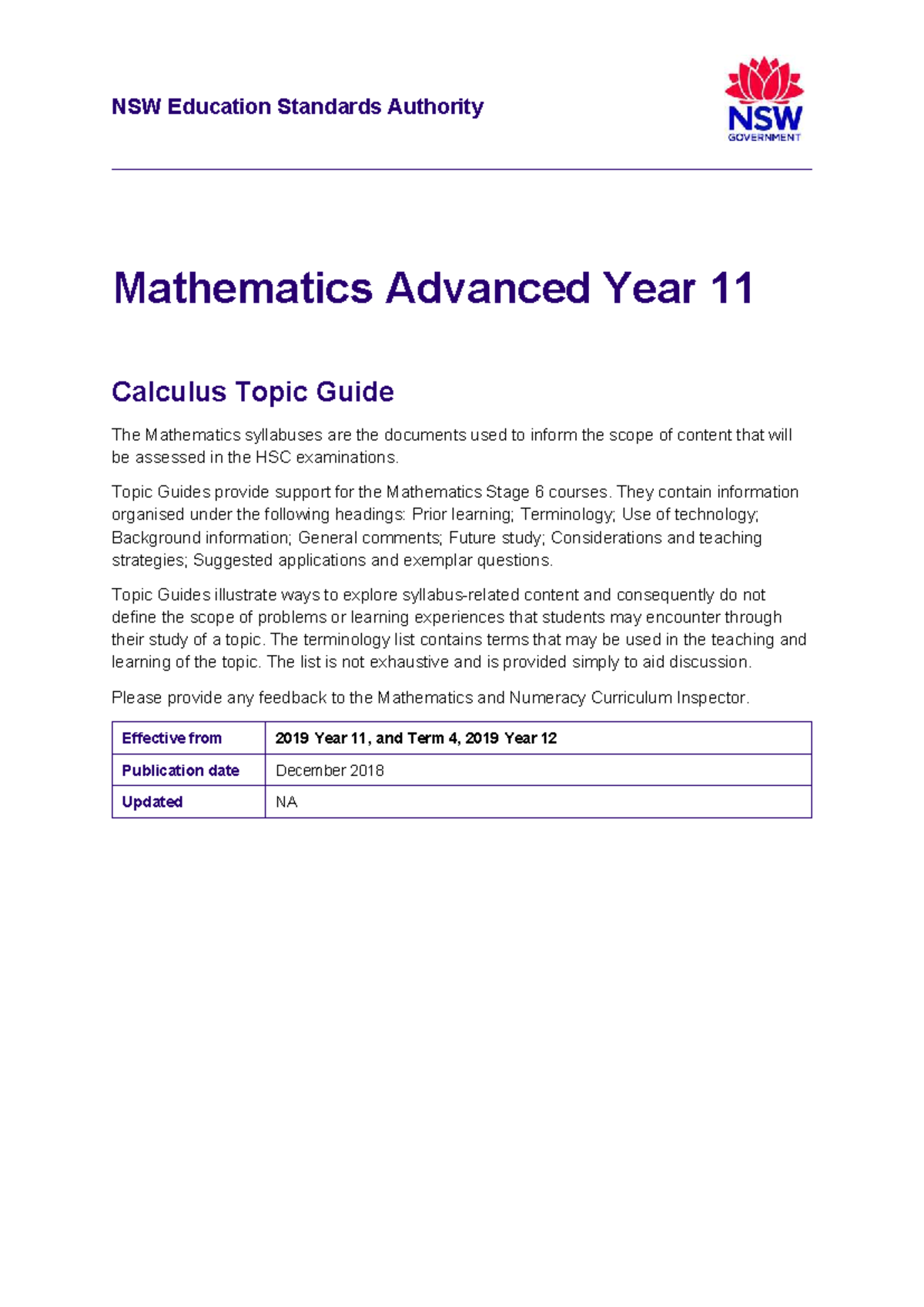 Mathematics Advanced Year 11: Calculus Topic Guide and Overview - Studocu