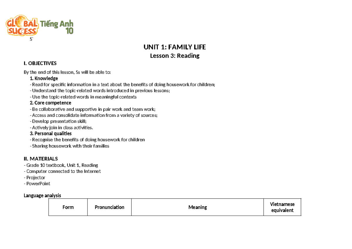 UNIT 1 - FAMILY LIFE: Lesson 3 Reading Overview and Activities - Studocu