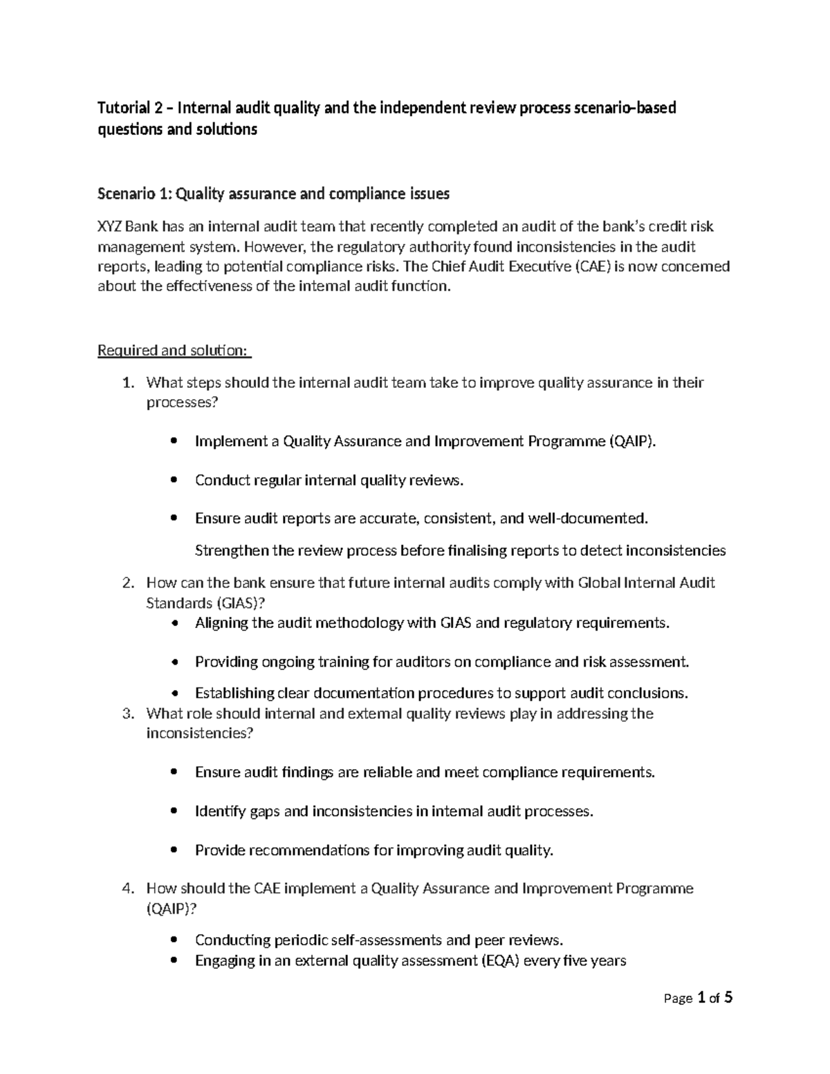 Tutorial 2 Internal AQ and IR scenario-based solutions - Tutorial 2 – Internal audit quality and ...