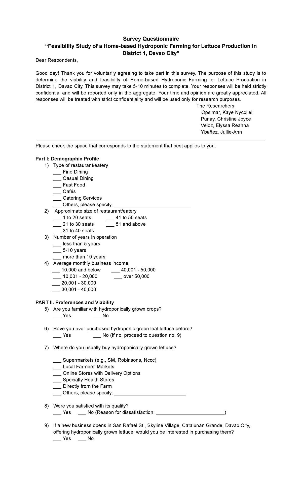 Survey Questionnaire - notes - Survey Questionnaire “Feasibility Study ...