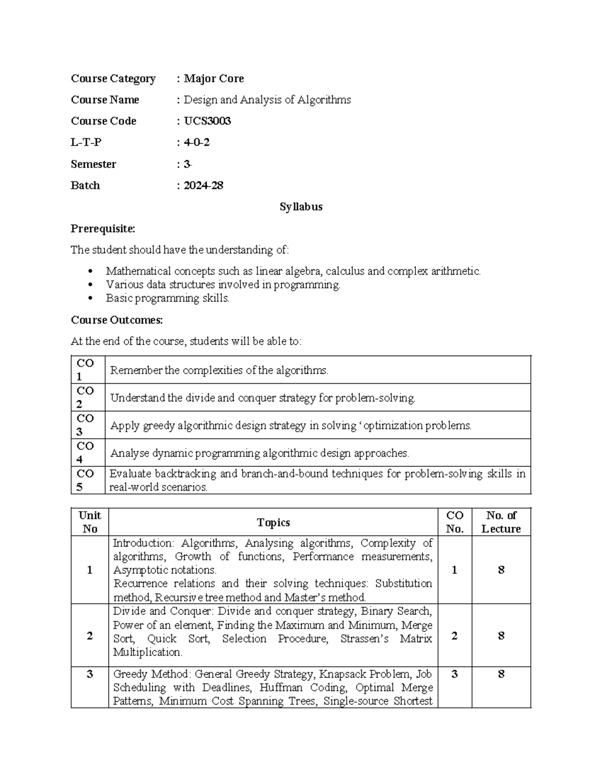 UCS3003: Design and Analysis of Algorithms Syllabus & Course Outcomes ...