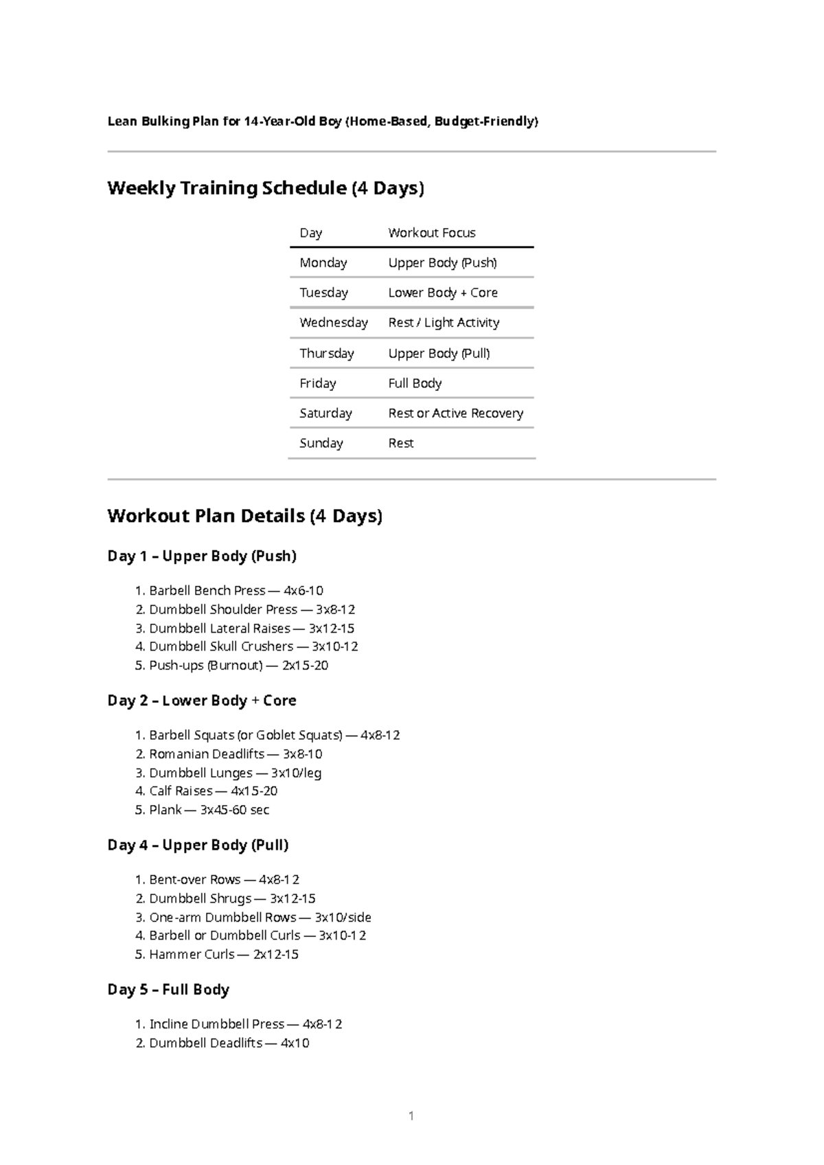 Lean Bulk Plan (4 Days) - Weekly Workout & Meal Schedule - Studeersnel