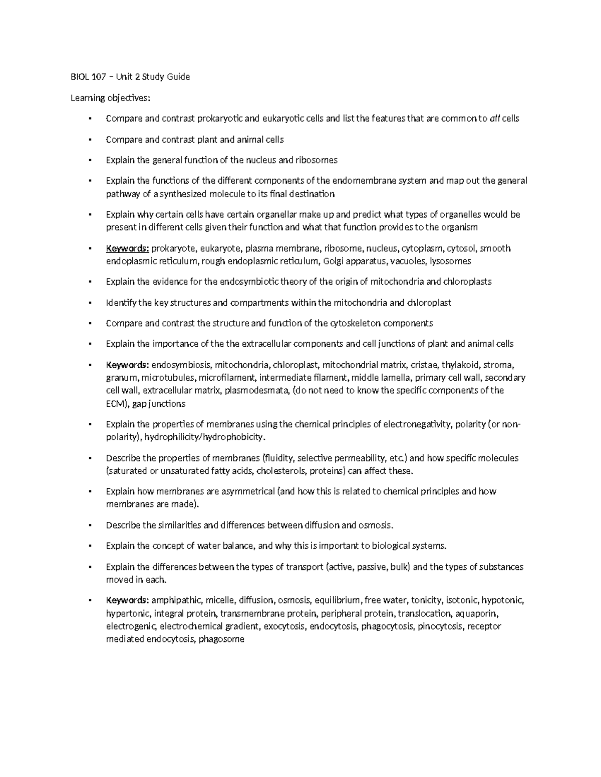 BIOL 107 FA23 Unit2Study Guide - BIOL 107 – Unit 2 Study Guide Learning ...