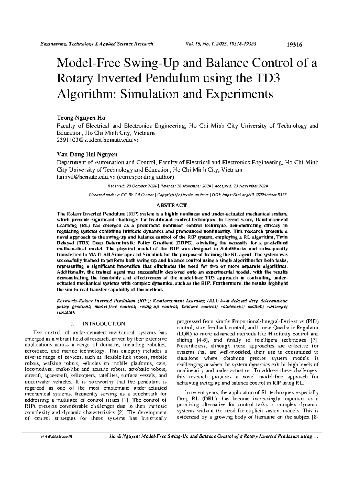 ETASR 9335 - Balance Control of Rotary Inverted Pendulum via TD3 ...