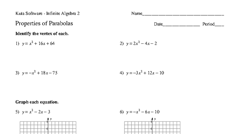Kuta Software Infinite Algebra 2: Properties of Parabolas Worksheet ...