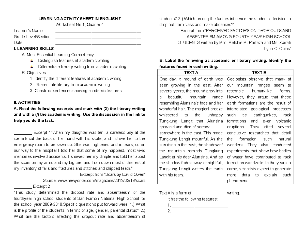 Activity 4.1 Academic & Literary Writing - LEARNING ACTIVITY SHEET IN ...