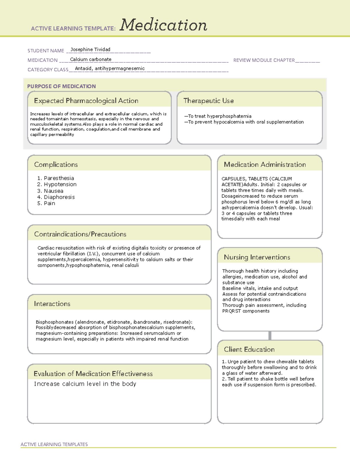 Calcium Carbonate Medication Overview - Active Learning Template - Studocu