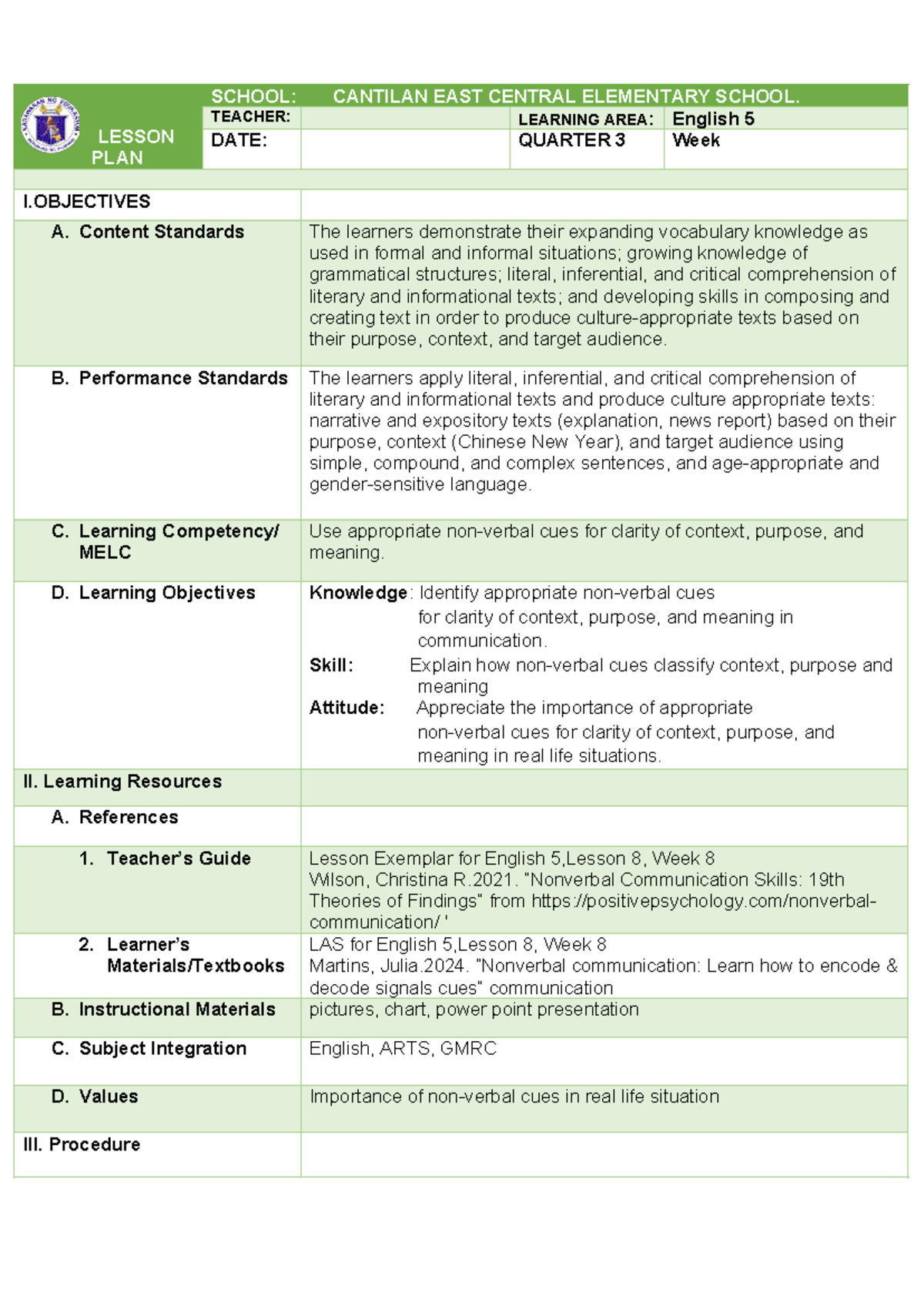 LP Grade 5 English: Week 1 Lesson Plan on Communication Cues - Studocu