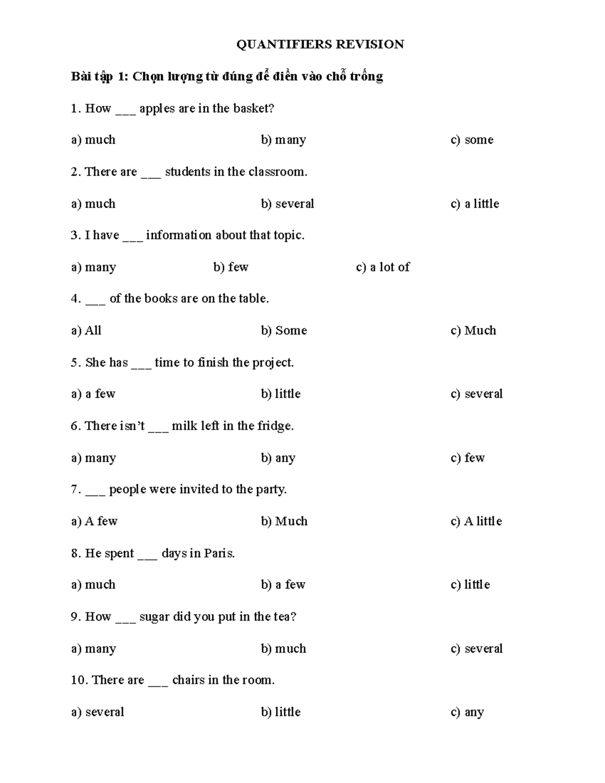 Quantifiers Revision Exercises for English Language Learning - Studocu