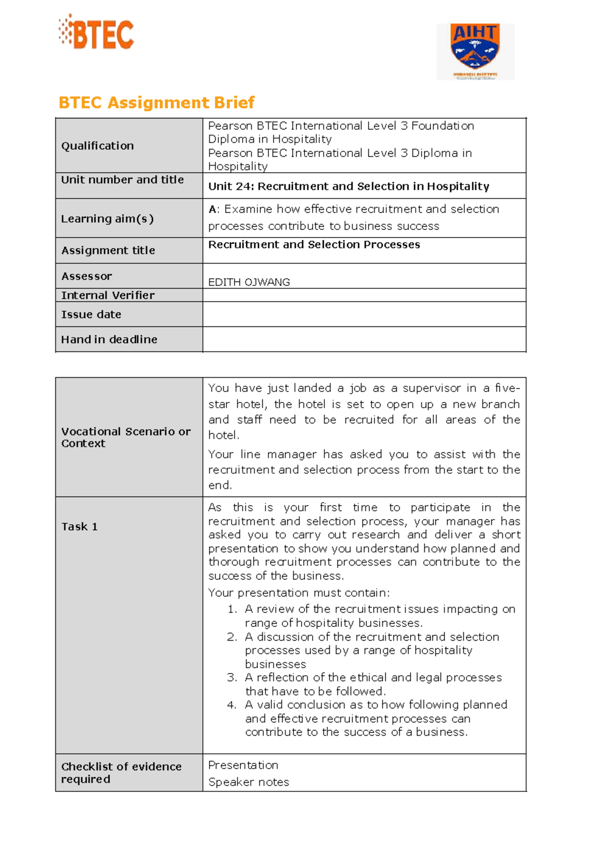 BTEC Level 3 Assignment: Recruitment & Selection in Hospitality - Studocu