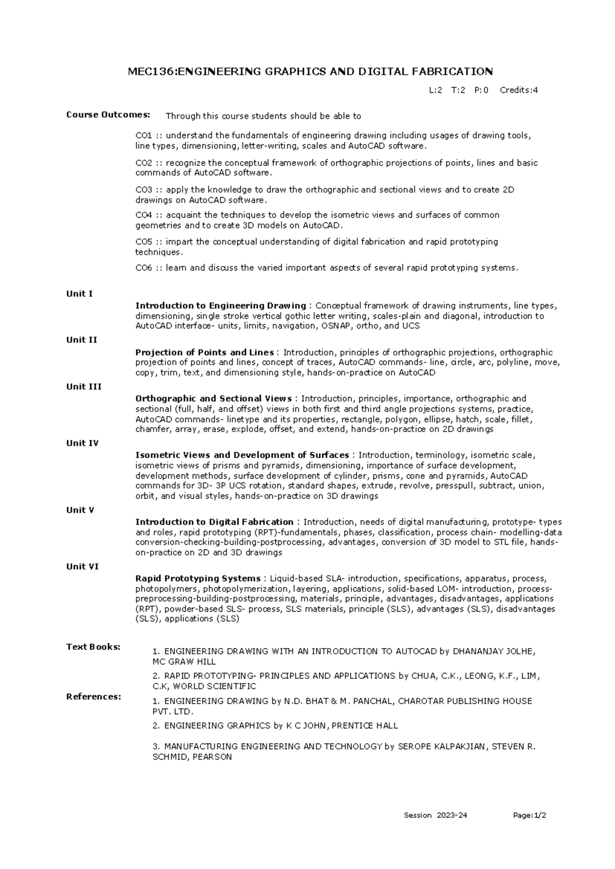 MEC136: Engineering Graphics Syllabus & Course Overview 2023-24 - Studocu
