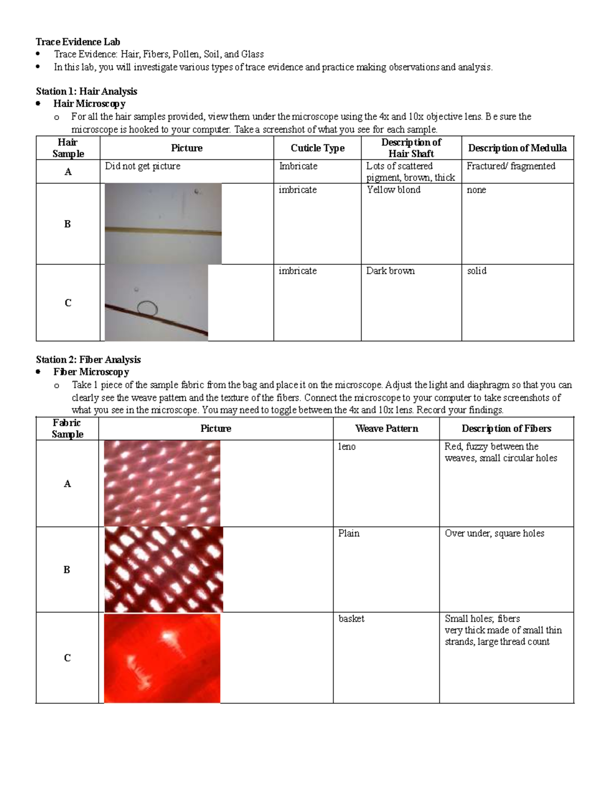 LAB-Trace Evidence: Hair, Fibers, Pollen, Soil & Glass Analysis - Studocu