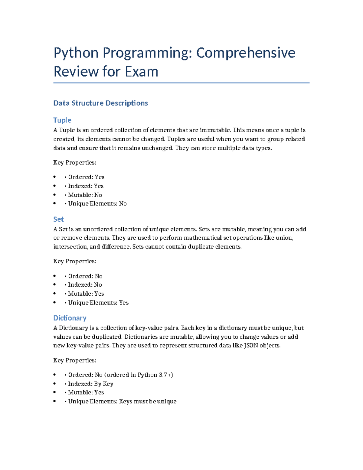 Python 101 Exam Review: Data Structures & Properties Notes - Studocu