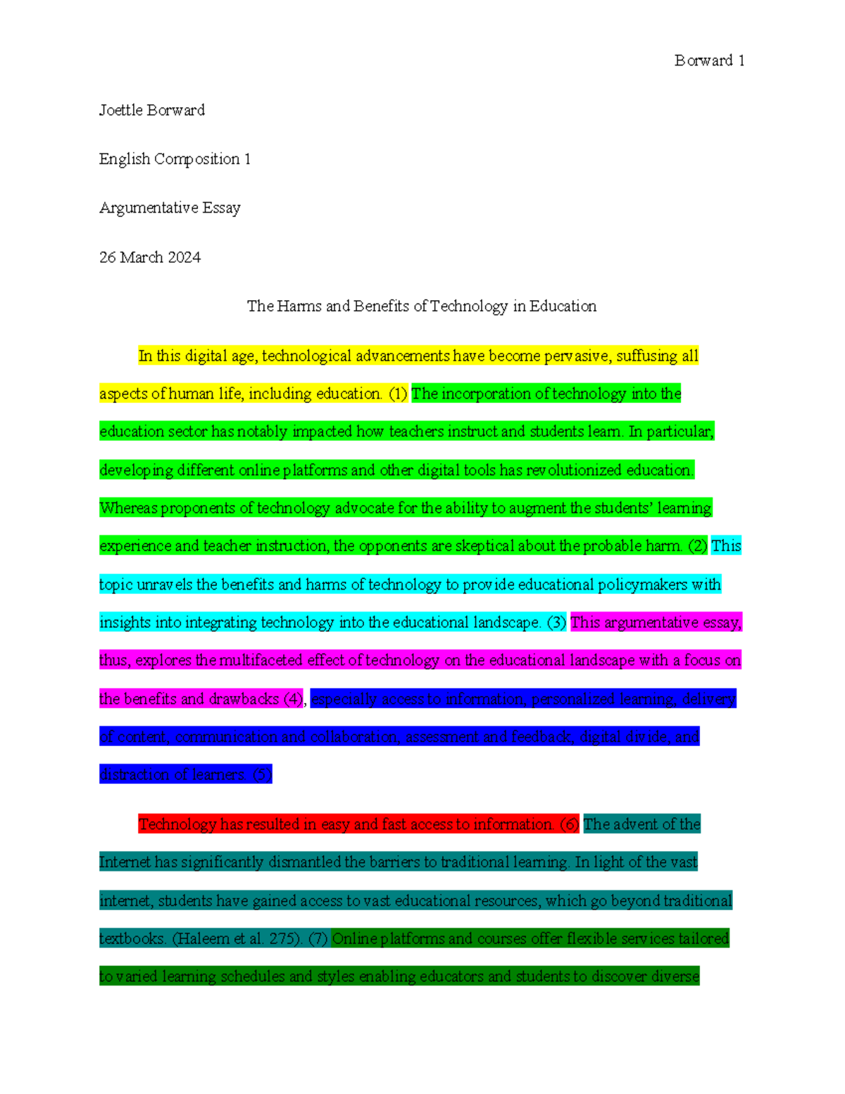 ENG 101 Argumentative Essay: The Harms and Benefits of Technology in ...