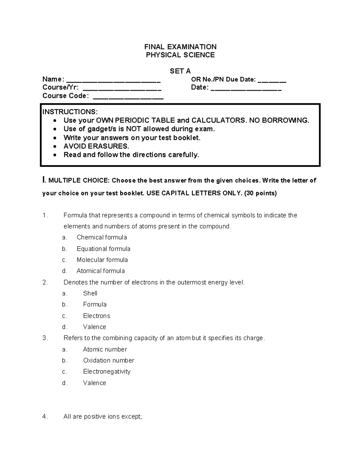 Reviwer IN Final EXAM IN Physical Science - FINAL EXAMINATION PHYSICAL ...