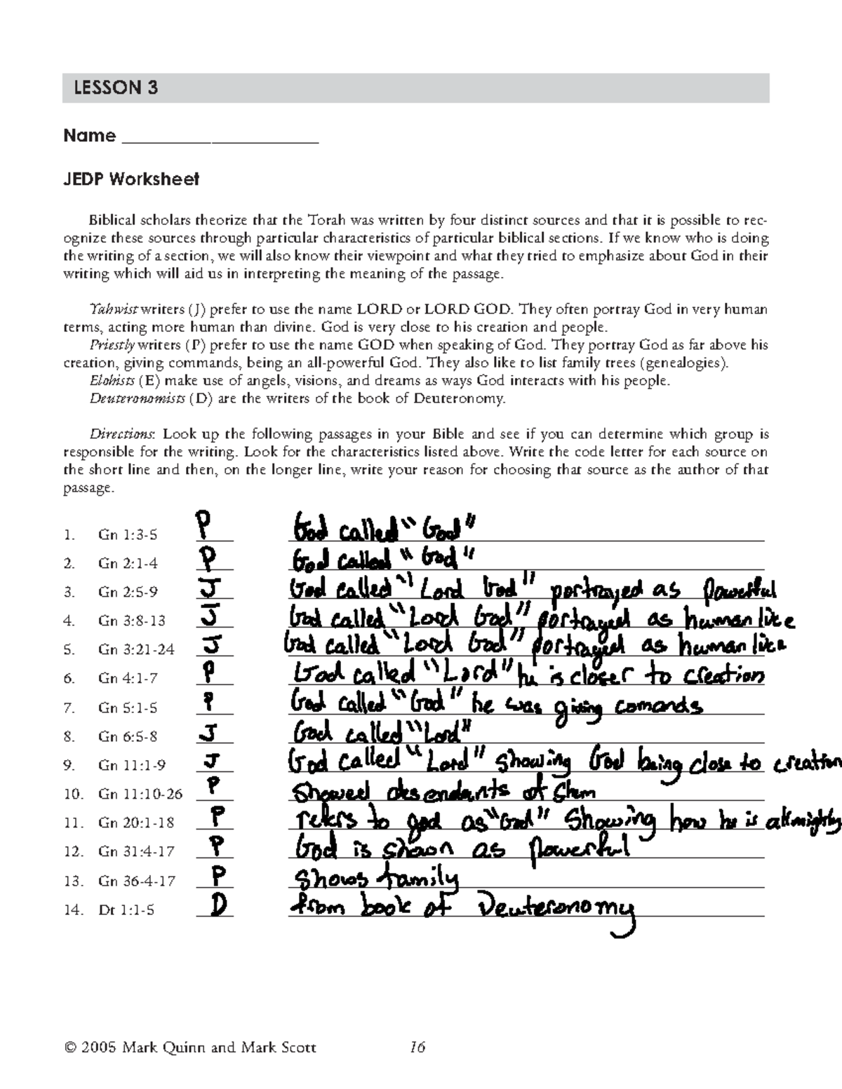 Spanish Work - Lesson 3: JEDP Worksheet on Biblical Sources - Studocu