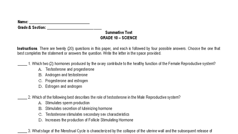 Grade 10 Science: Summative Test Q3 Module 1 Assessment - Studocu