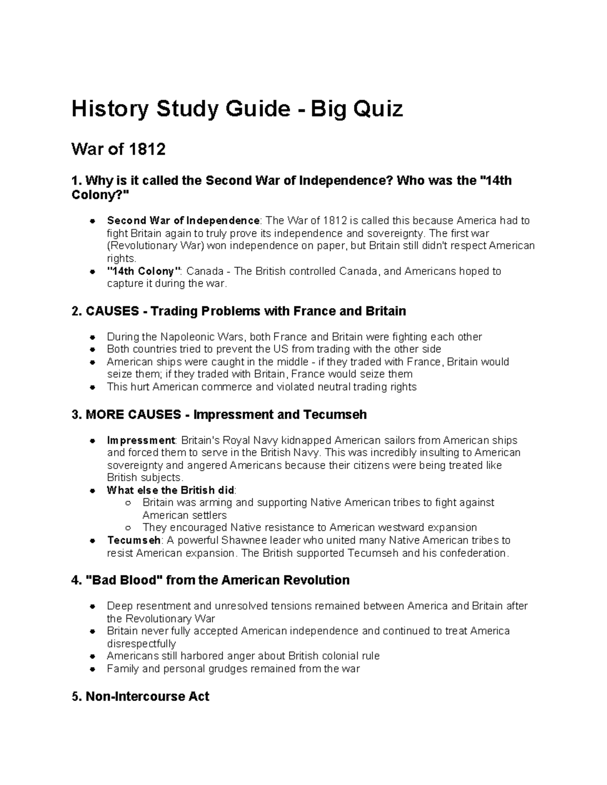HIST 101: Study Guide for War of 1812 Big Quiz - Studocu