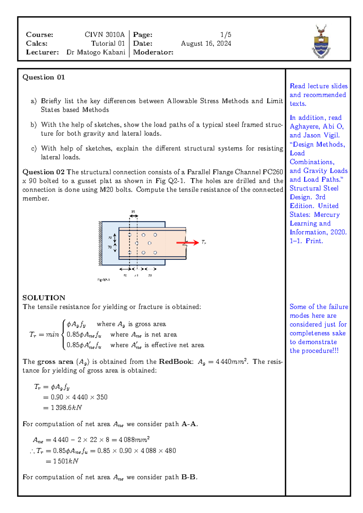 CIVN 3010A Tutorial 01 Solutions: Tension Member Calculations - Studocu
