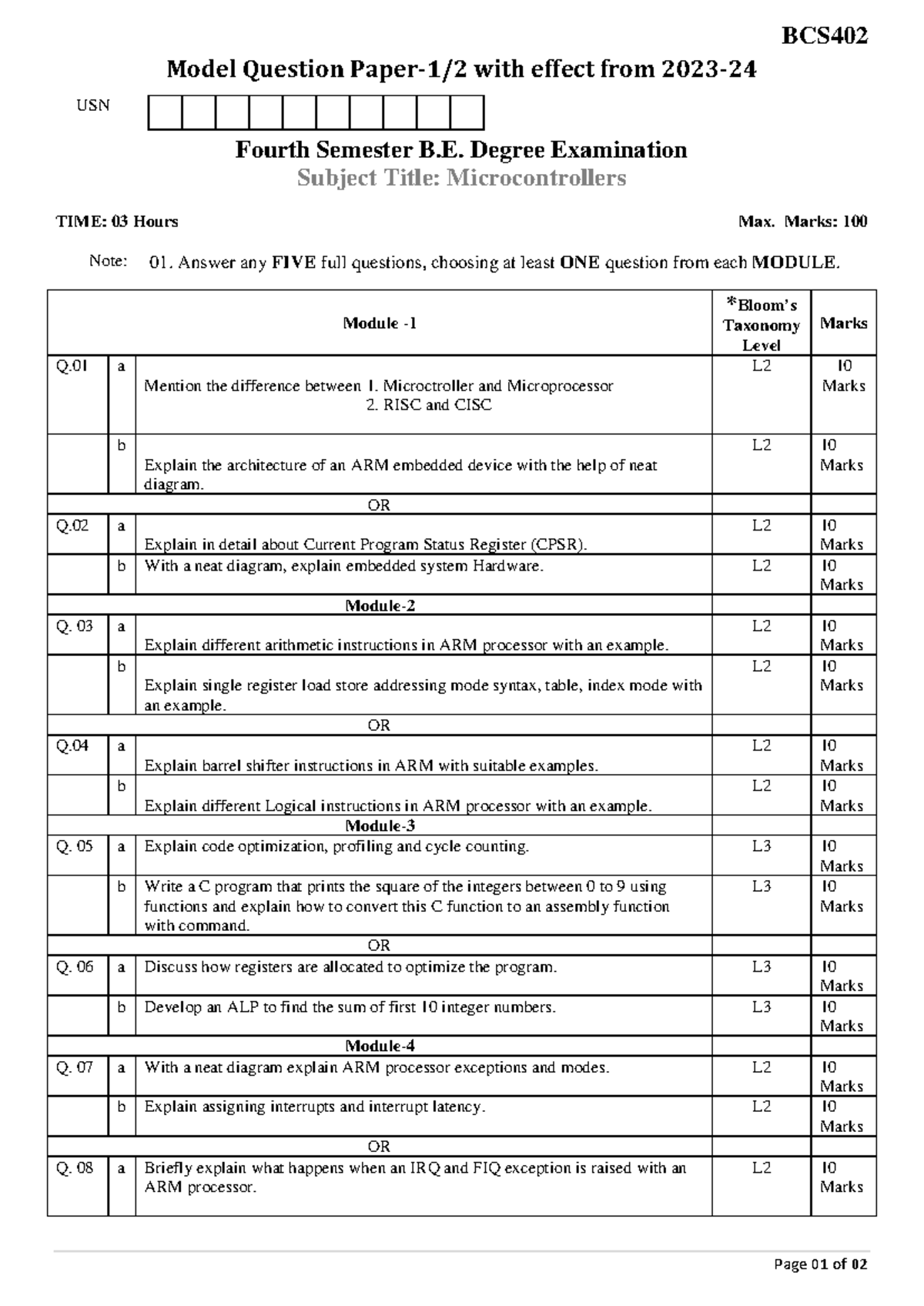 BCS402 - Microcontroller model question paper - BCS Page 0 1 of 02 ...