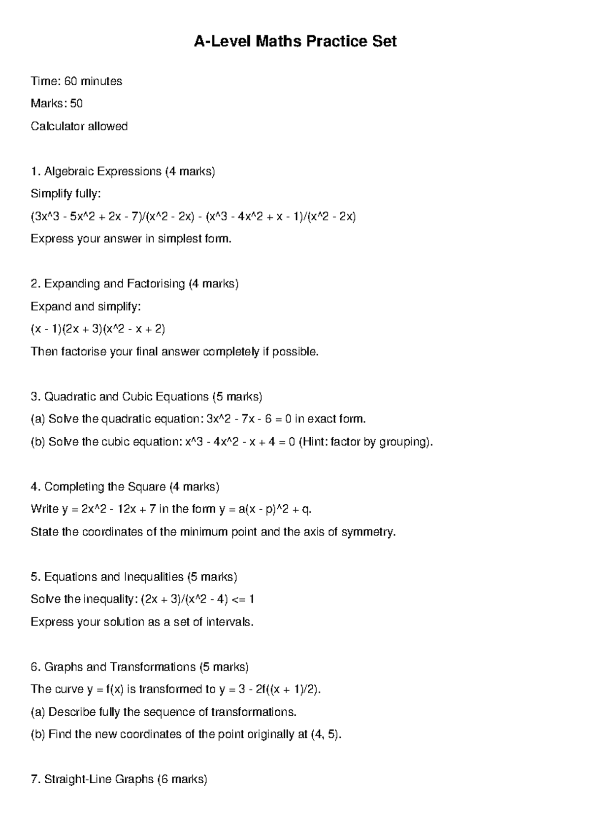 A Level Maths Practice Set: Algebra, Equations & Graphs - Studocu