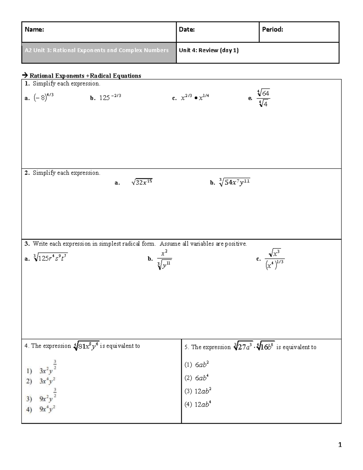 A2 Unit 4: Review (Day 1) - Rational Exponents & Complex Numbers - Studocu