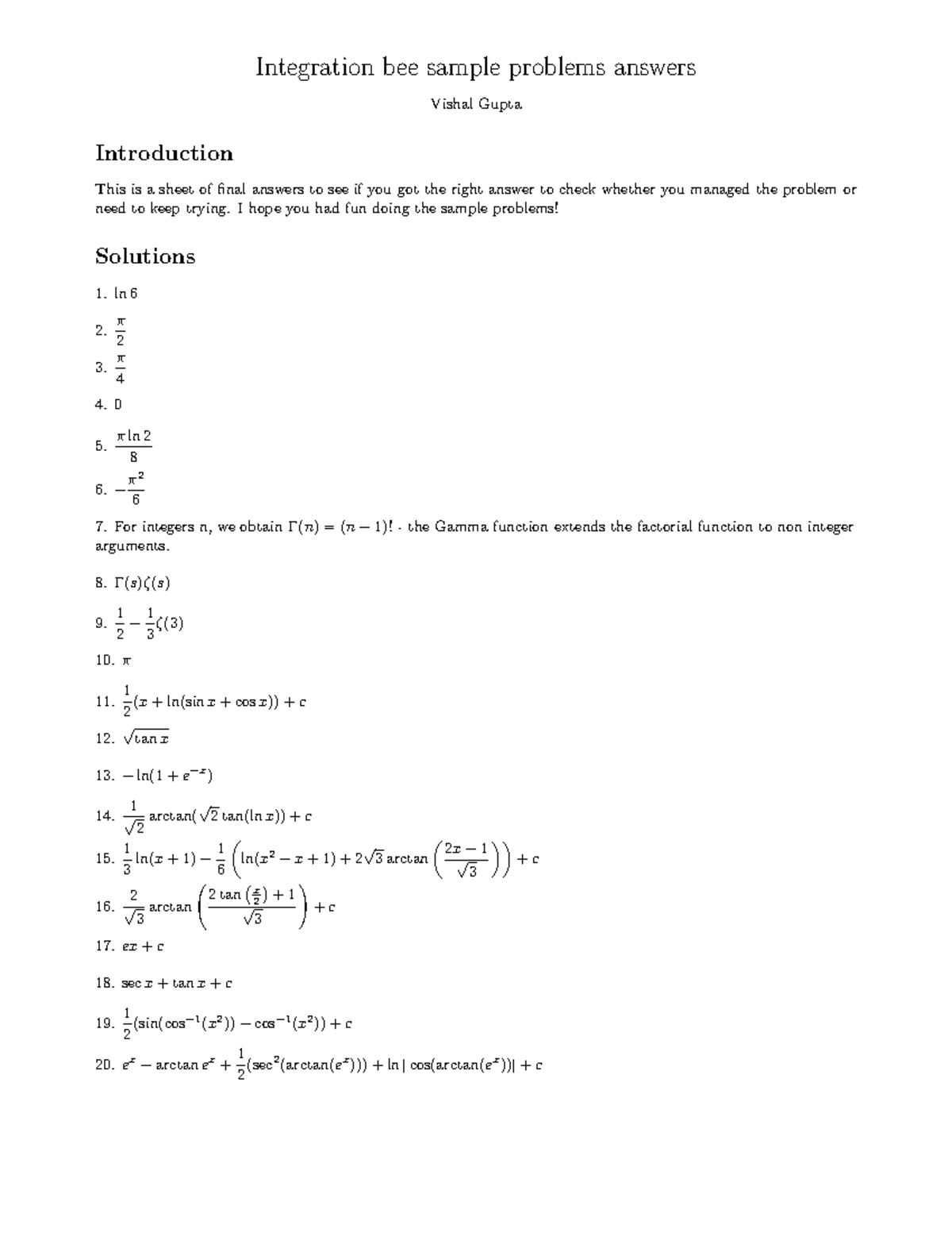 Integration bee sample problems answers - I hope you had fun doing the ...