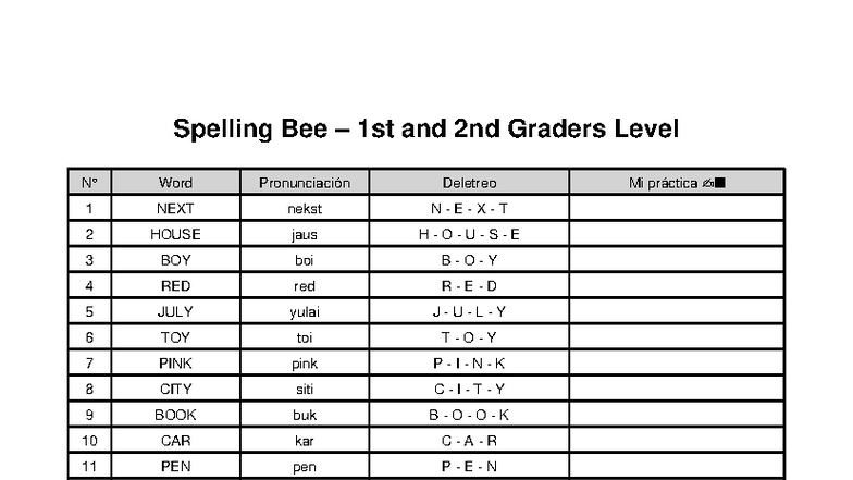 Spelling Bee Practice Sheet - Spelling Bee – 1st and 2nd Graders Level ...