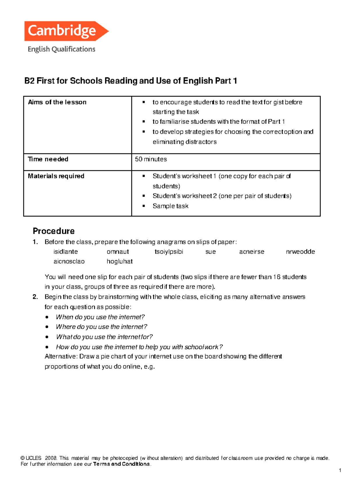 B2 First for Schools: Reading & Use of English Part 1 Lesson Plan - Studocu