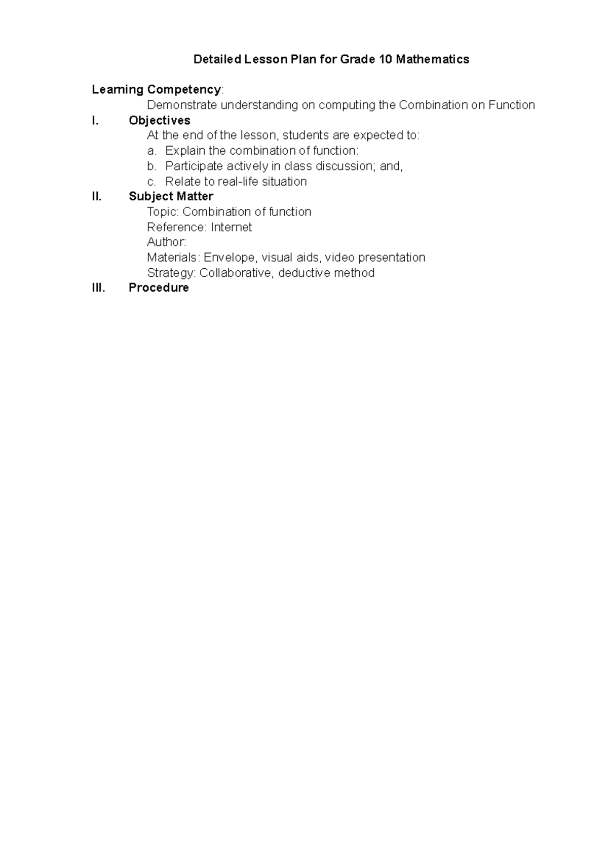 Detailed Lesson Plan for Grade 10 Mathematics - Detailed Lesson Plan ...