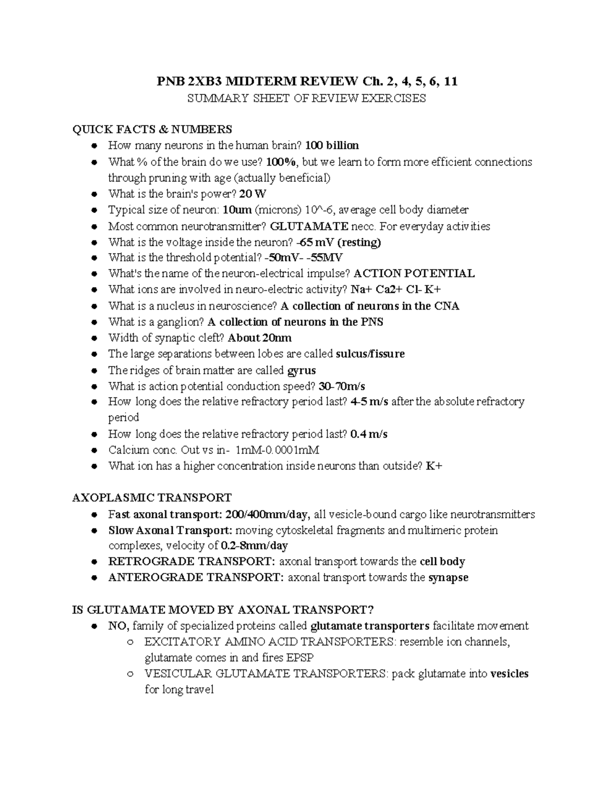 PNB 2XB3 Midterm Review - PNB 2XB3 MIDTERM REVIEW Ch. 2, 4, 5, 6, 11 SUMMARY SHEET OF REVIEW ...