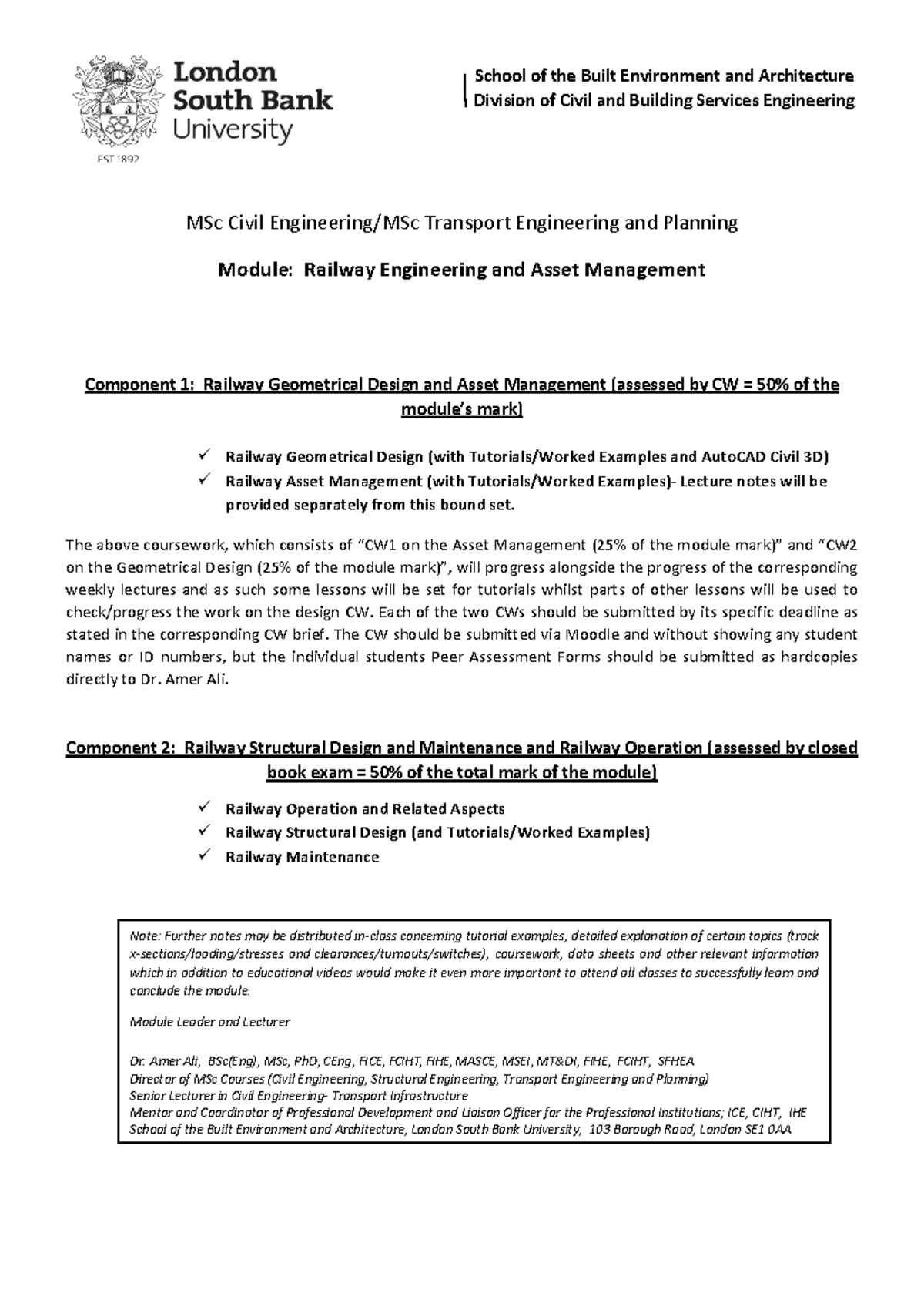 **LSBU-CE-MSc-RWAM-Railway Engineering Key Notes - Dr. Amer Ali** - Studocu