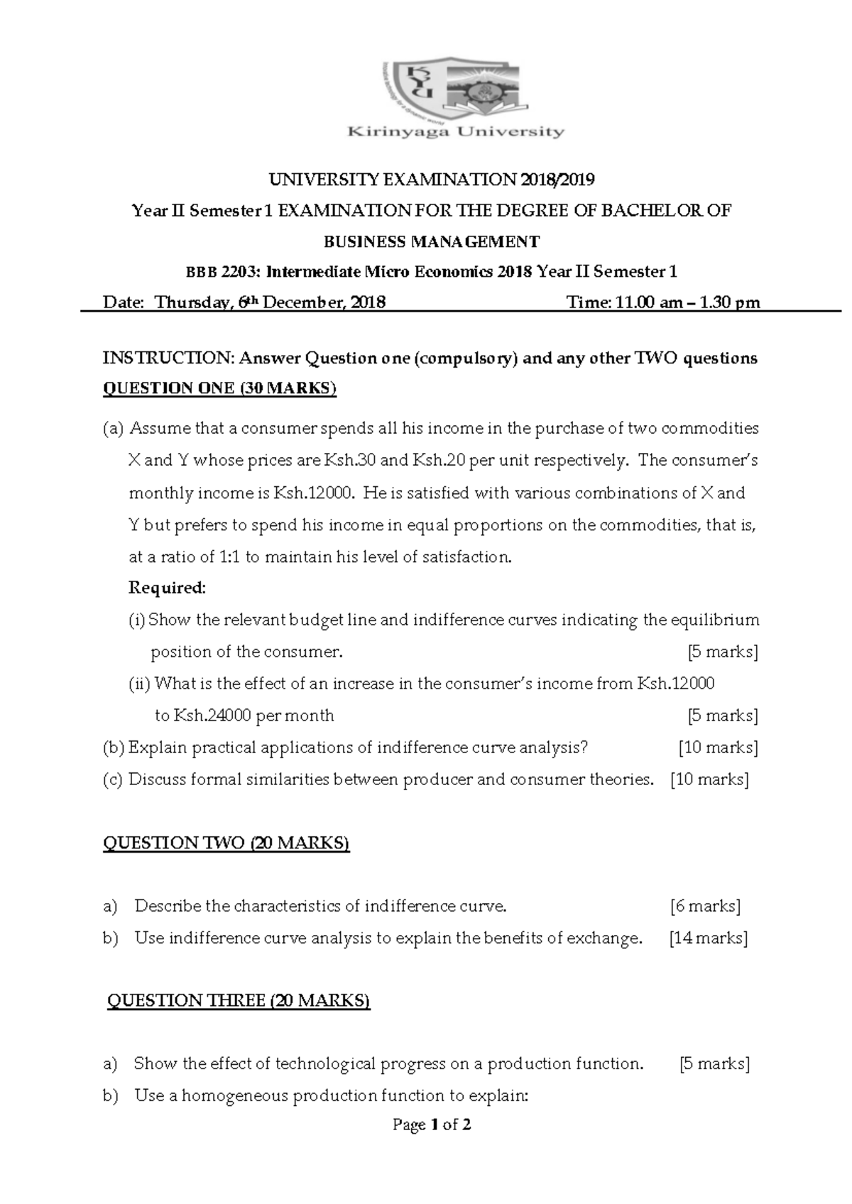 BBB 2203 - Intermediate Microeconomics Year II Semester 1 Exam Paper ...