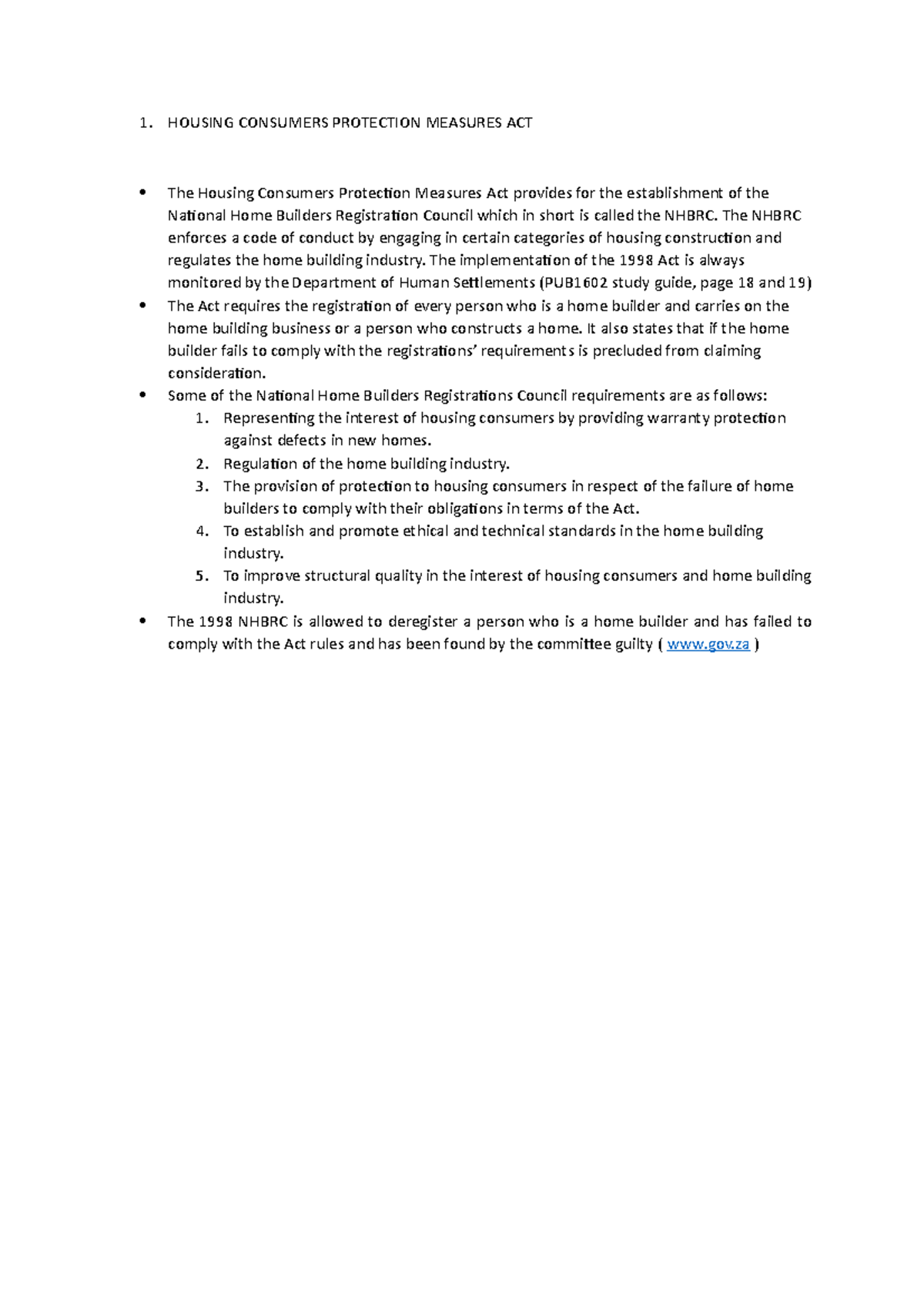 NHBRC Consumer Protection Measures Act Overview (PUB1602 Guide) - Studocu