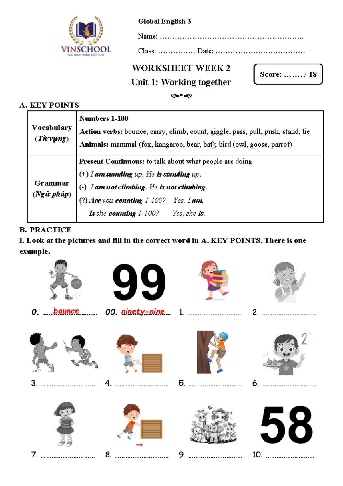 Global English 3 S3 W2 U1 Weekly Worksheet on Vocabulary & Grammar ...