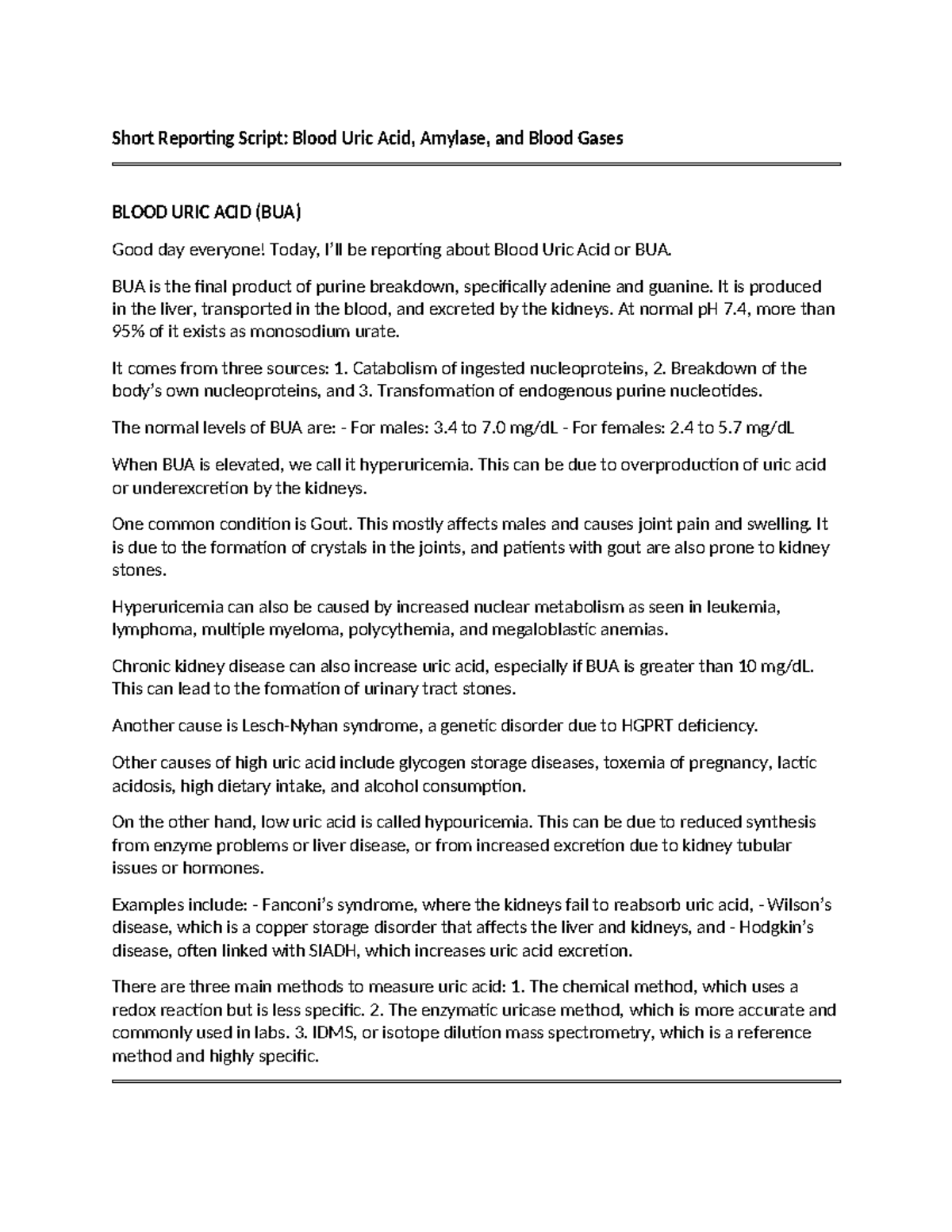 Short Reporting Script: Blood Uric Acid (BUA) Overview - Studocu