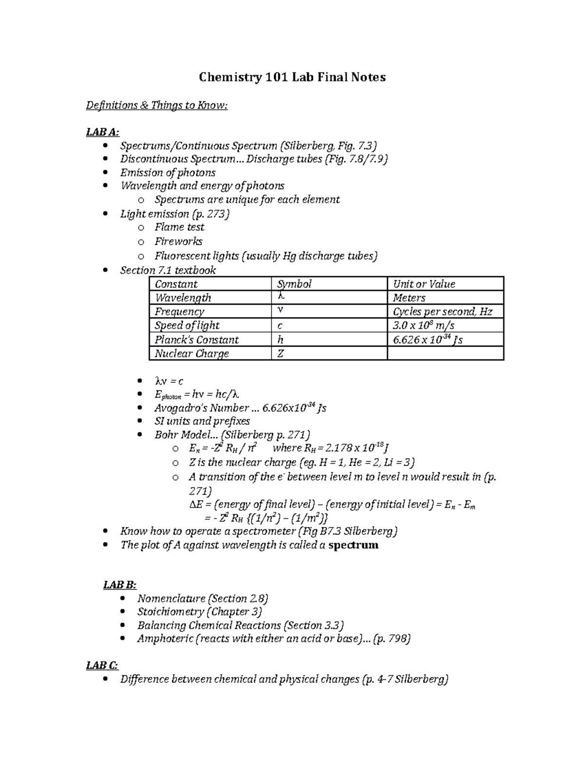 Chemistry 101 - Final Lab Exam Notes Summary and Key Concepts - Studocu