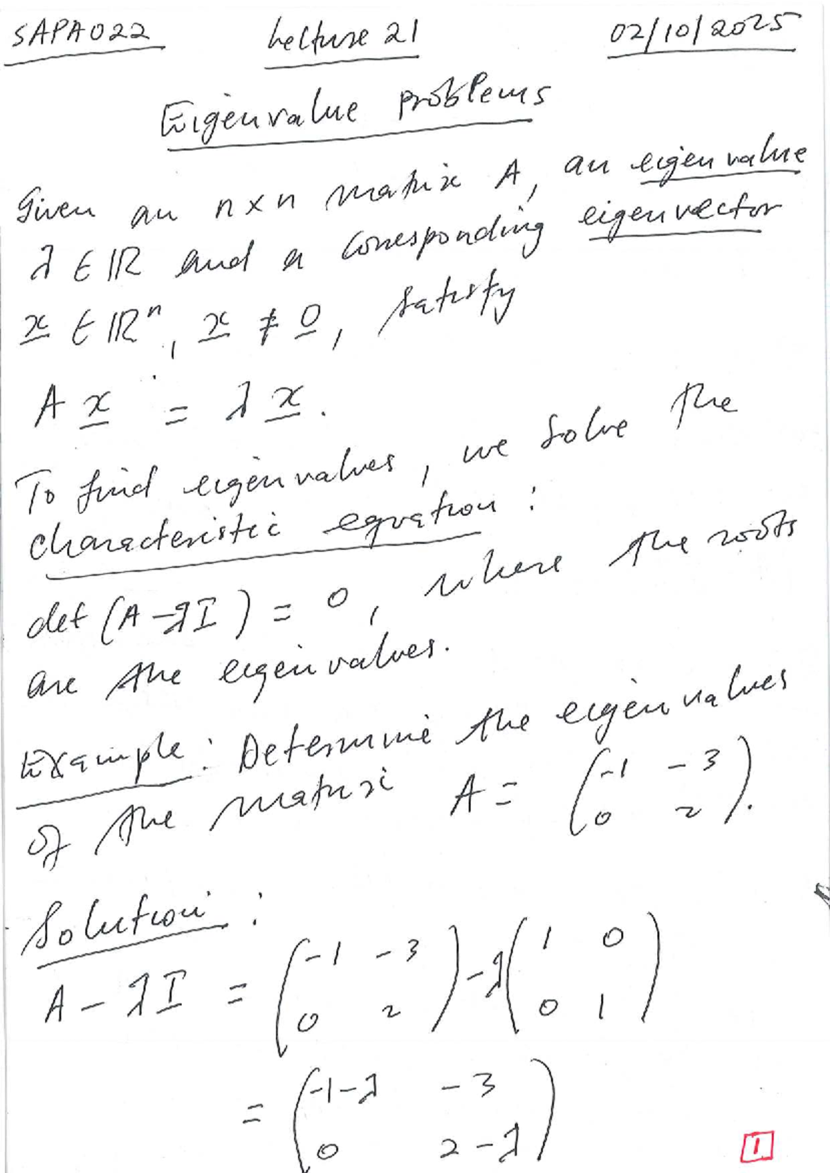 SAPA022 Lecture 21 - Eigenvalues and Eigenvectors Explained - Studocu
