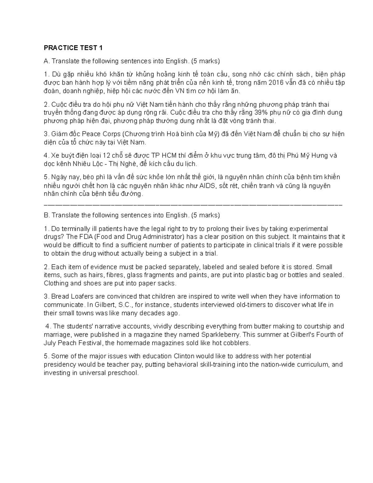 PRACTICE TEST 1: English Translation Exercises and Insights - Studocu
